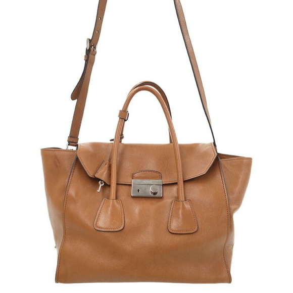 Prada | Bags | Prada Glace Calf Sound Lock Satchel Brown Leather ...